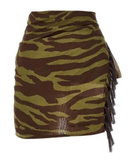 Attico Zebra Print Muslin With Fringe Detail - Dark Green And Dark Brown