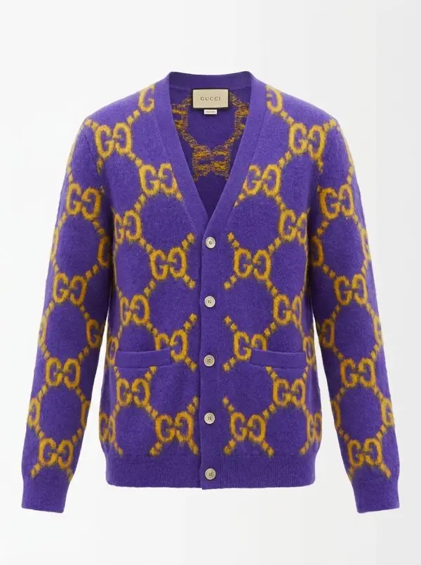 Gucci Gg Intarsia Knit Cardigan - Blue
