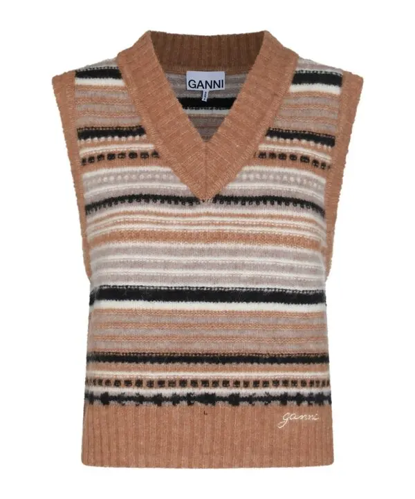 GANNI Striped Sleeveless V-neck Jumper - Brown