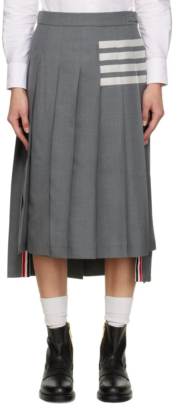 Thom Browne Pleated Asymmetric Midi Skirt With Signature Stripes