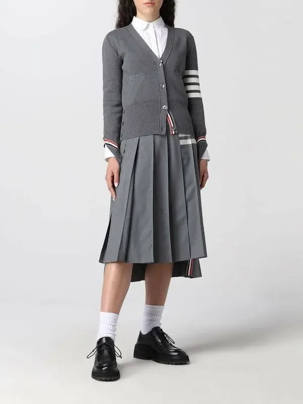 Thom Browne Pleated Asymmetric Midi Skirt With Signature Stripes - Medium Gray