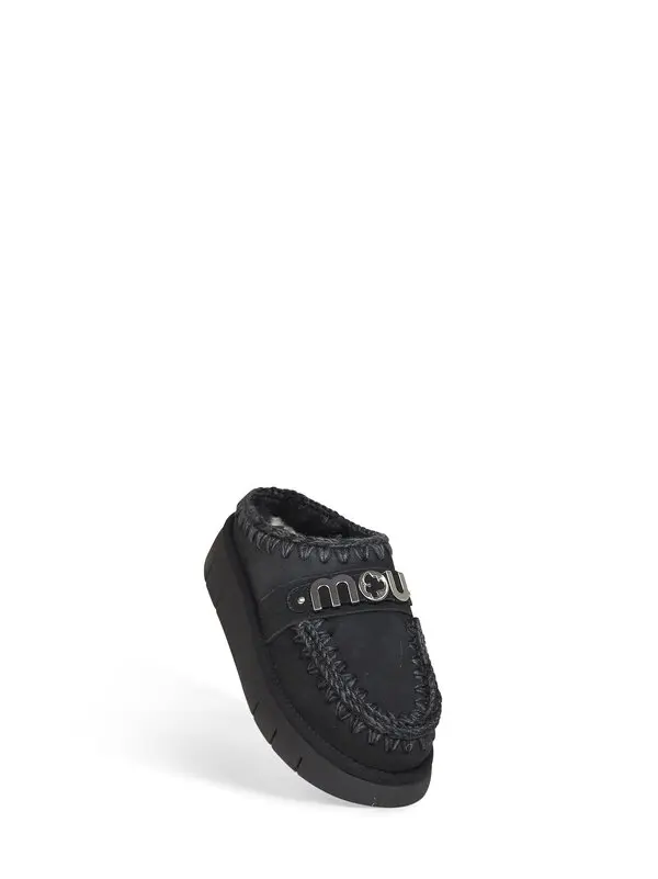 Mou Crochet Slip-on Mules With Wool Details - Black