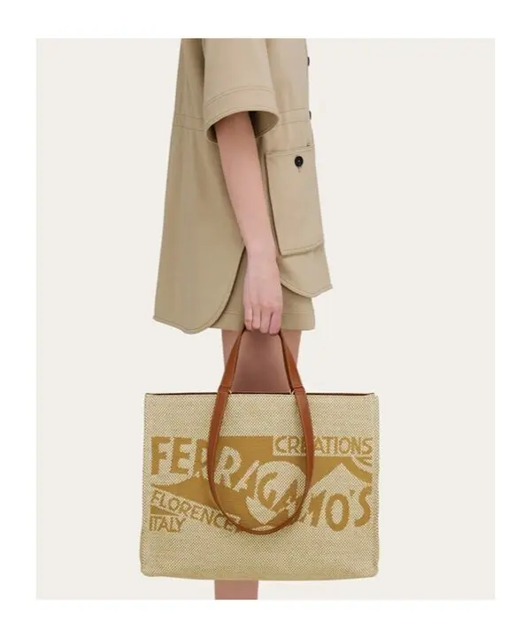FERRAGAMO Logo Tote Bag - Camel/white