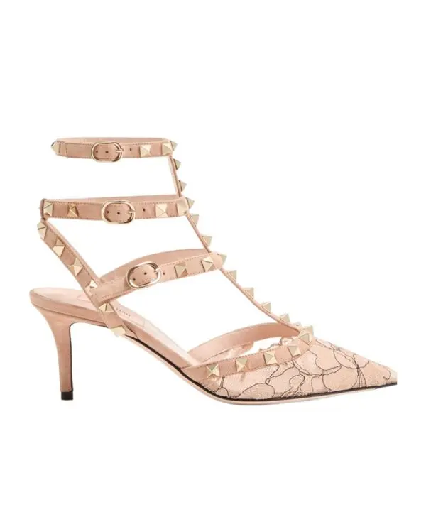 Valentino Garavani Rockstud Pointed Toe Lace Pumps - Nude