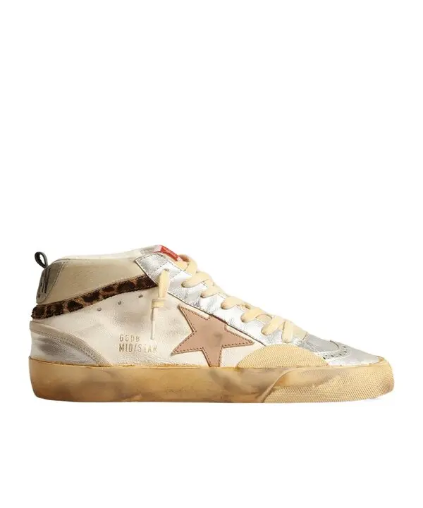 GOLDEN GOOSE Mid Star Sneakers With Metallic Leather And Leopard Print Accents - Nude