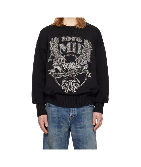 Amiri Distressed Eagle Crew Neck Sweater - Black