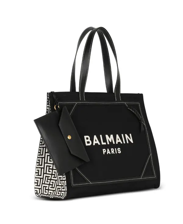 Balmain B-army 42 Monogrammed Canvas And Smooth Leather Tote Bag - Black