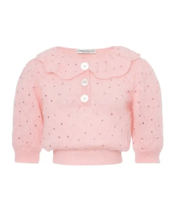 Alessandra Rich Embellished Puff Sleeve Knit Top - No