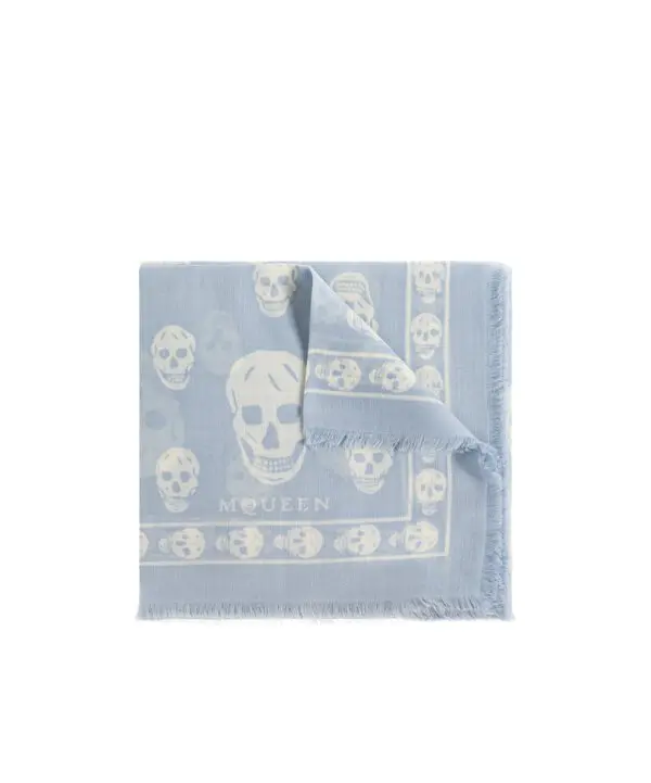 Alexander McQueen Skull Printed Fringed Edge Scarf - Light Blue