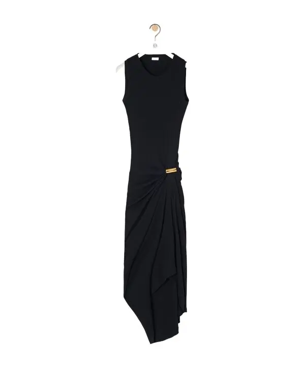 Loewe Ribbed Midi Tank Dress With Asymmetrical Draping - Black