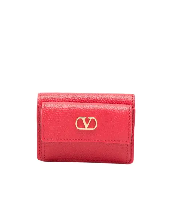 Valentino Garavani V- Logo Pebble-grain Logo Wallet - Red