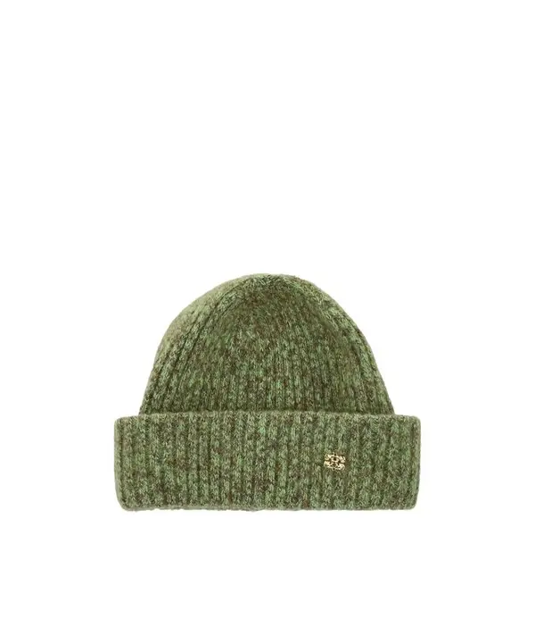 GANNI Ribbed-knit Beanie With Logo Detail - Green