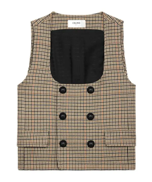 Celine Double-breasted Houndstooth Wool Vest - Ivory/camel/black