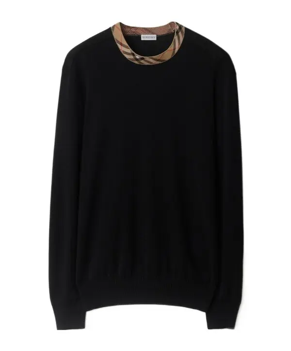 Burberry Crewneck Jumper With Signature Check Trim - Black