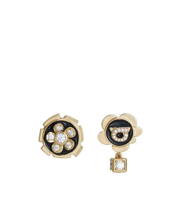 FERRAGAMO Asymmetrical Gancini Charm Earrings With Crystals - Gold/black
