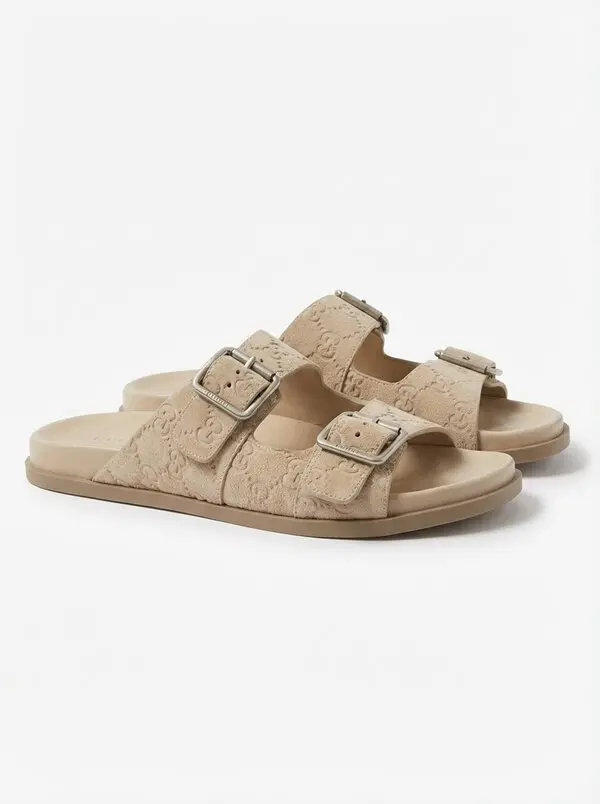 Gucci Double Buckled Slip-on Sandals With Embossed Gg - Oatmeal