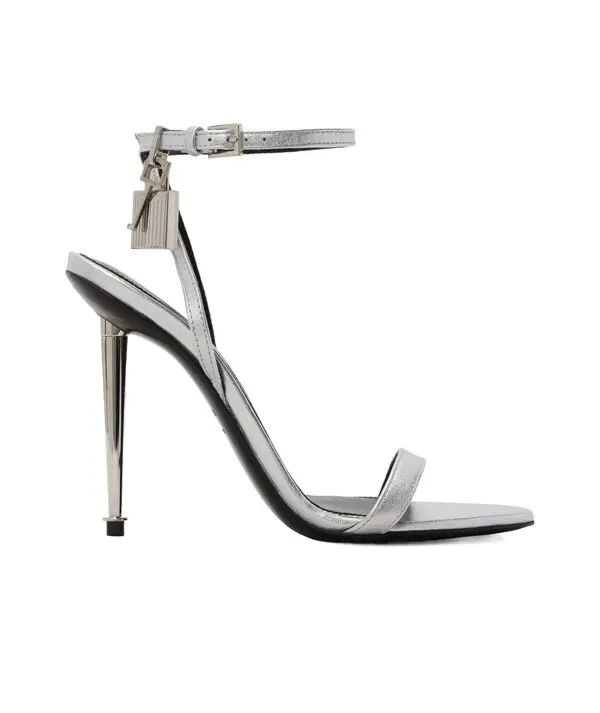 TOM FORD Pointed-toe High-heeled Sandals With Ankle Strap And Logo Pendant - Gray