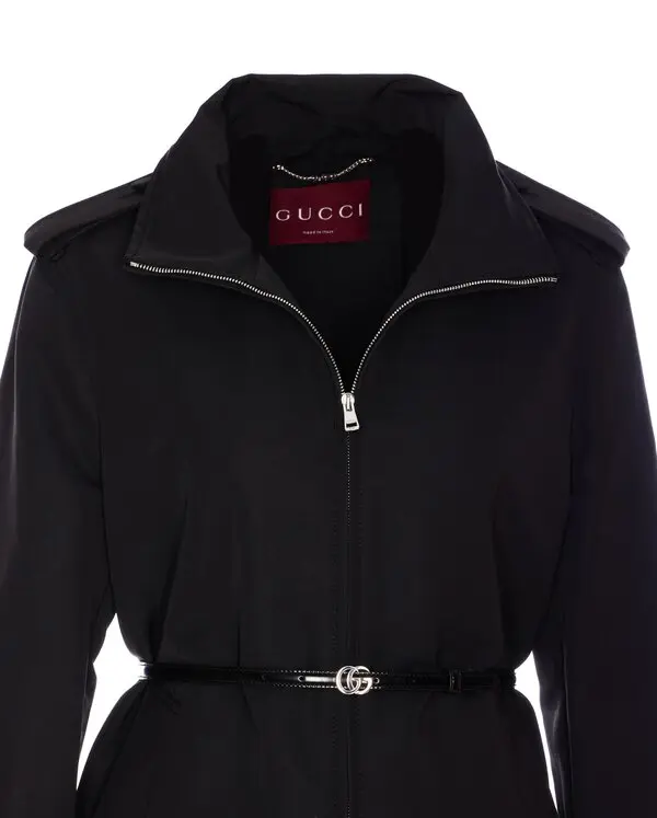 Gucci Faille Coat With Stand Collar And Belted Waist