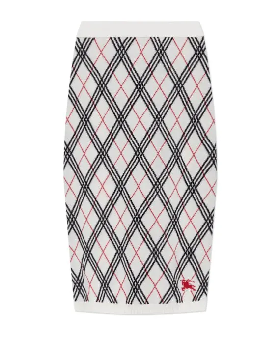 Burberry Checked Knitted Midi Skirt - White