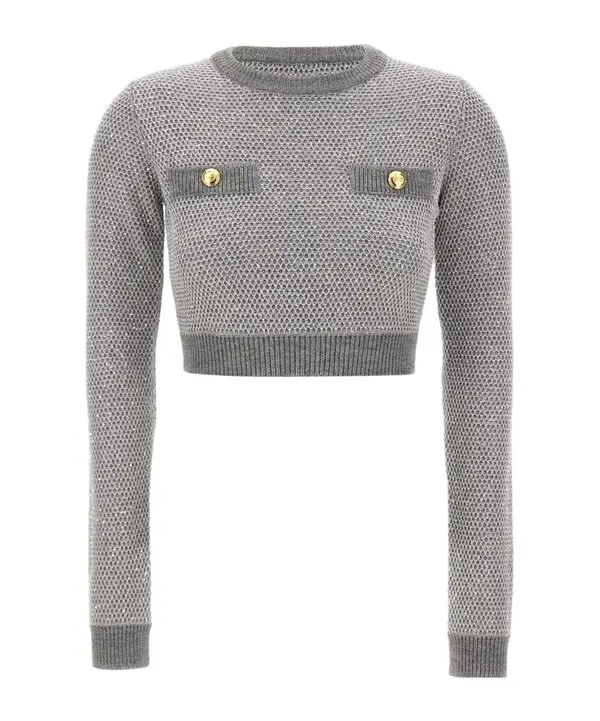 Elisabetta Franchi Sequined Knit Top With Jewel Buttons - Gray