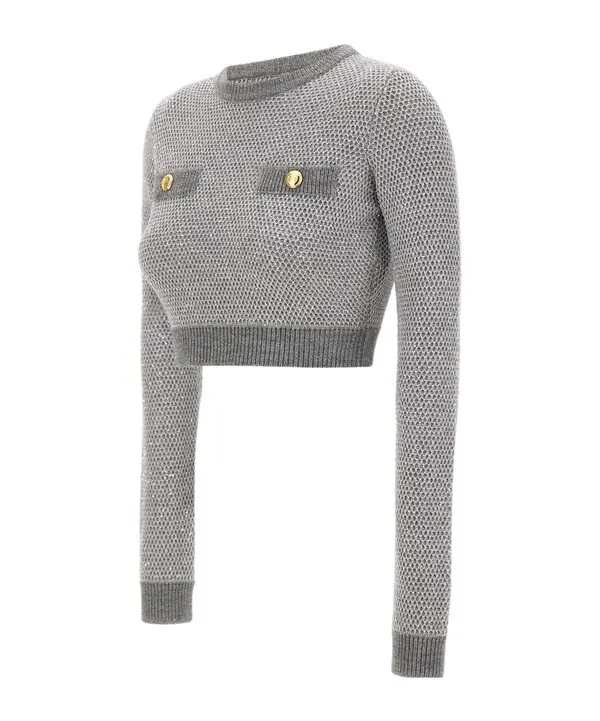 Elisabetta Franchi Sequined Knit Top With Jewel Buttons - Gray