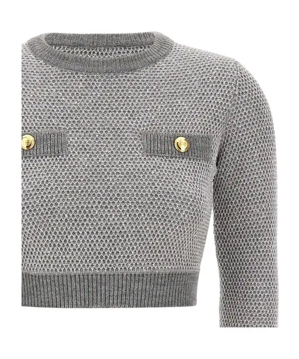Elisabetta Franchi Sequined Knit Top With Jewel Buttons - Gray