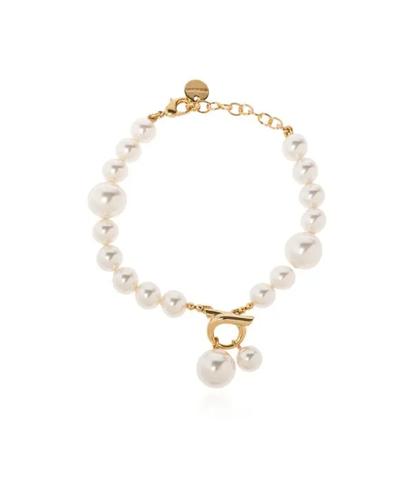 FERRAGAMO Pearl Bracelet With Gold Chains And T-shaped Buckle - Cream