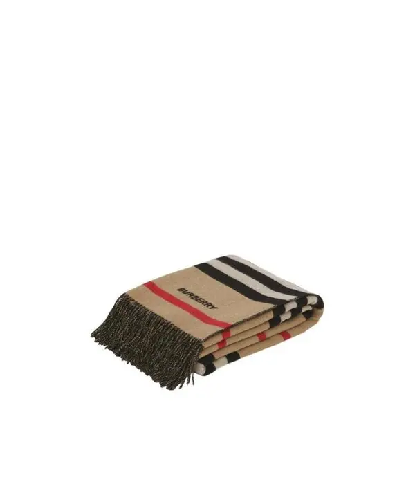 Burberry Logo Embroidered Striped Fringed Scarf - Multicolor