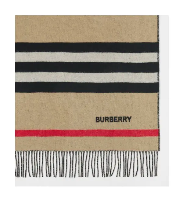 Burberry Logo Embroidered Striped Fringed Scarf