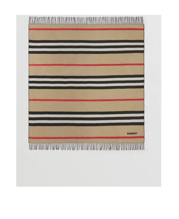 Burberry Logo Embroidered Striped Fringed Scarf