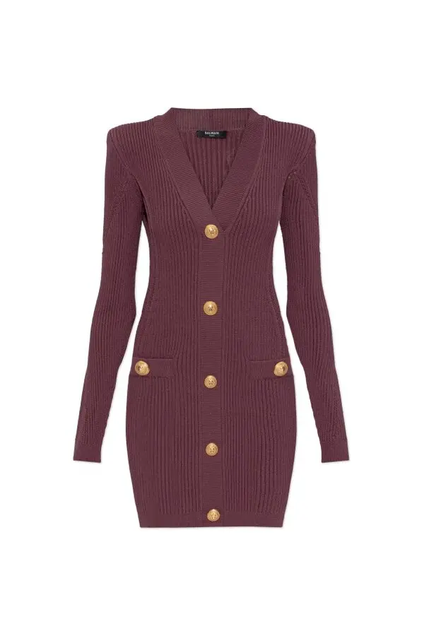 Balmain V-neck Ribbed Knit Mini Dress - Red