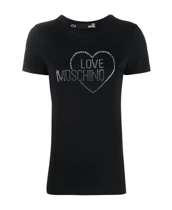 Moschino Round Neck Short Sleeve T-shirt With Embellished Heart Logo - Black