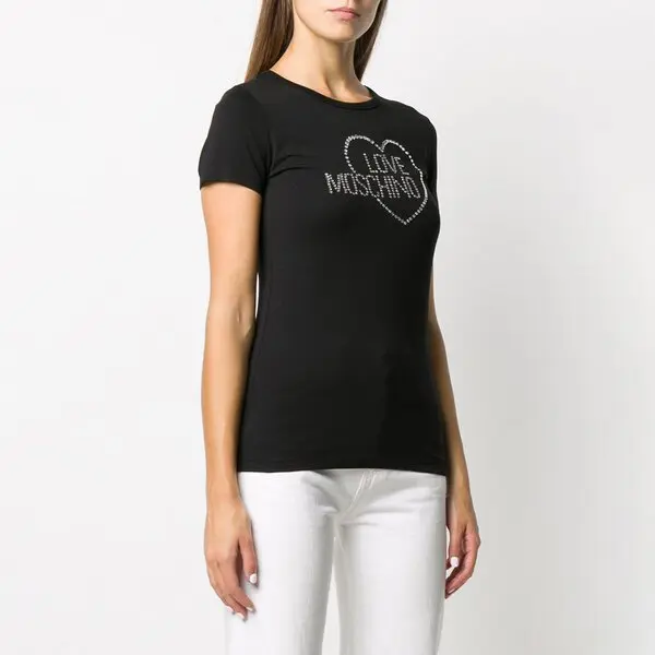 Moschino Round Neck Short Sleeve T-shirt With Embellished Heart Logo - Black