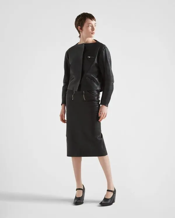 Prada Leather Belted Midi Skirt