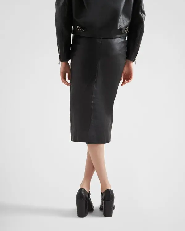 Prada Leather Belted Midi Skirt