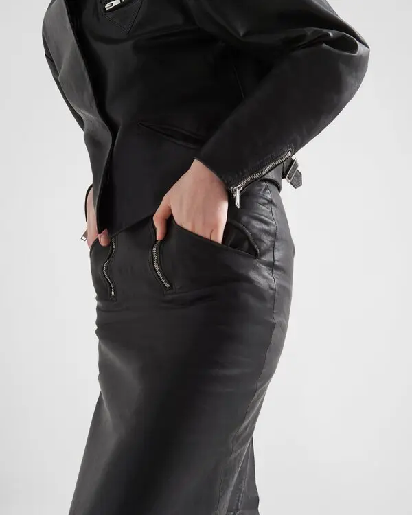 Prada Leather Belted Midi Skirt
