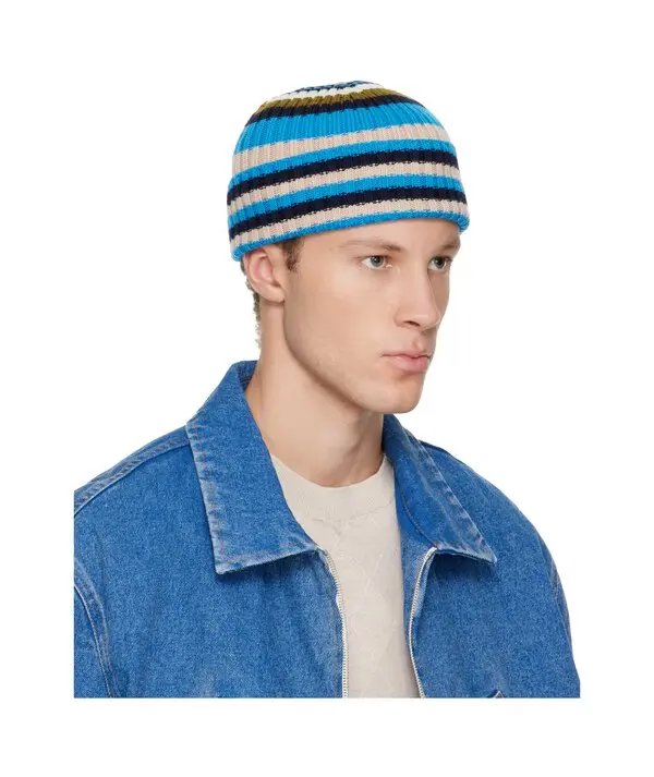 Marni Logo Embroidered Striped Ribbed Beanie - Sky-blue