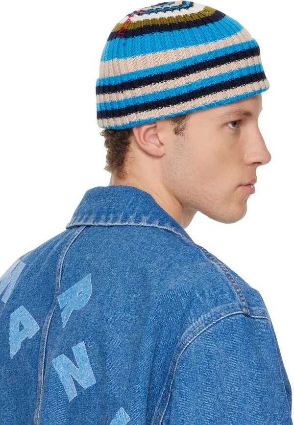 Marni Logo Embroidered Striped Ribbed Beanie