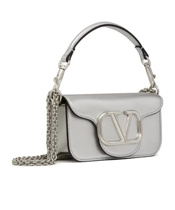 Valentino Garavani Small Locò Shoulder Bag In Metallic Calfskin - Silver
