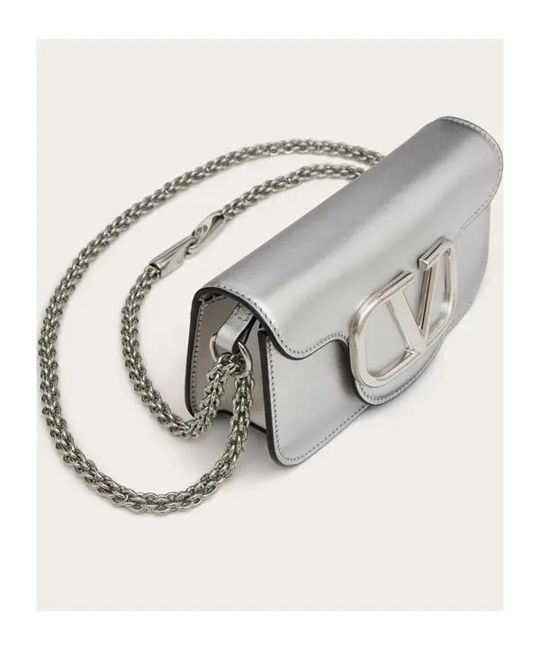 Valentino Garavani Small Locò Shoulder Bag In Metallic Calfskin - Silver
