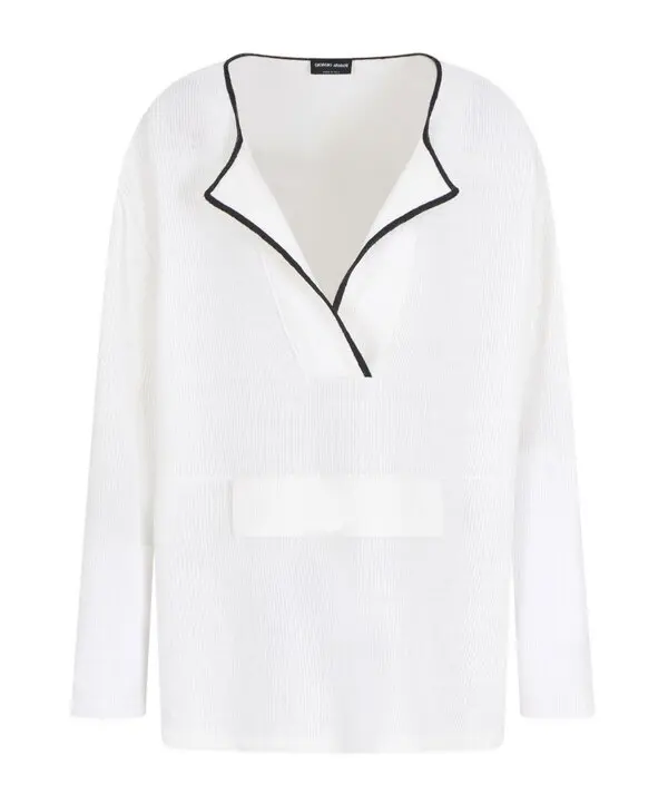 Giorgio Armani Long Sleeve V-neck Sweater With Contrast Piping - White