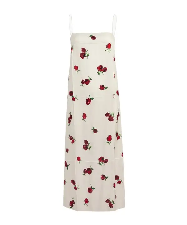 Khaite Cream Raspberry Print Spaghetti Strap Dress - Raspberry/cream