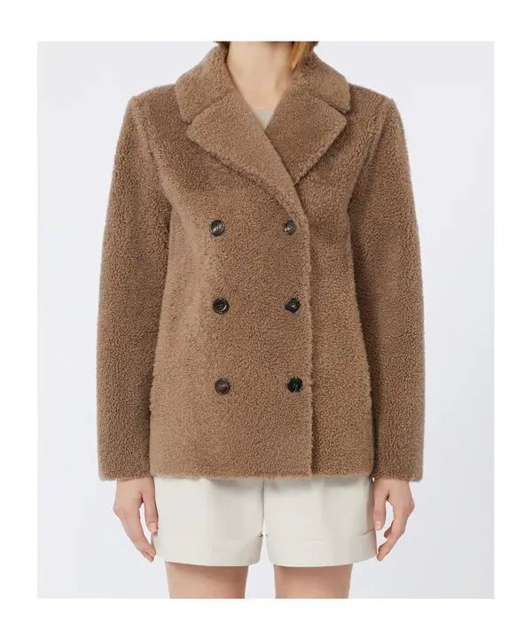 Max Mara Futura Double-breasted Short Coat In Curly Sheepskin - Camel
