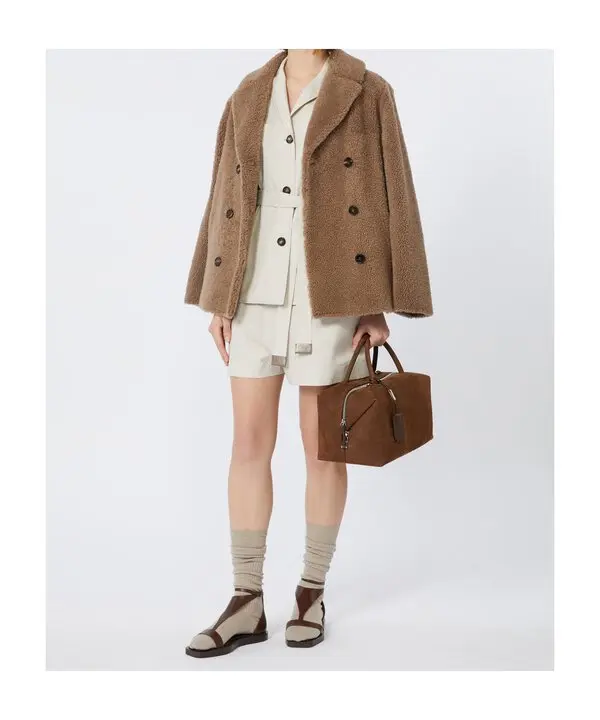 Max Mara Futura Double-breasted Short Coat In Curly Sheepskin - Camel