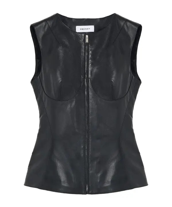 Alexander McQueen Zipped Crewneck Leather Vest