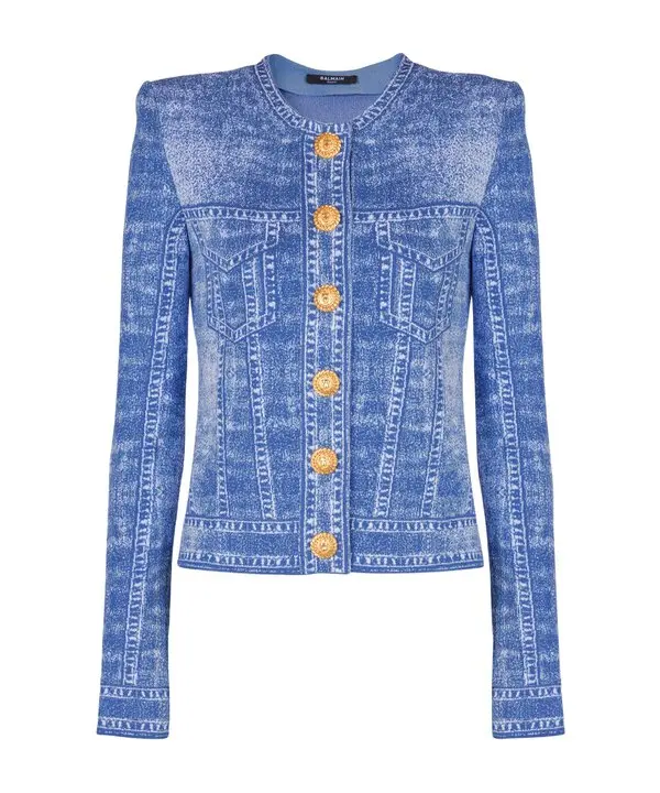Balmain Denim Effect Jacquard Knit Cardigan - Blue