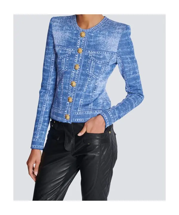 Balmain Denim-effect Logo Detailed Knitted Cardigan
