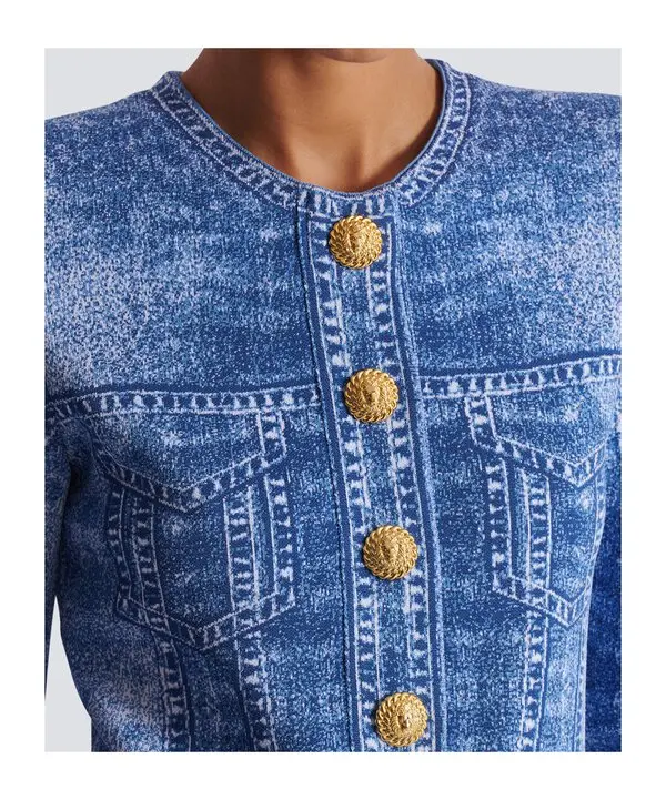 Balmain Denim-effect Logo Detailed Knitted Cardigan