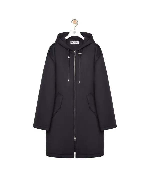 Loewe Hooded Wool Coat With Anagram Patch - Deep Navy Blue