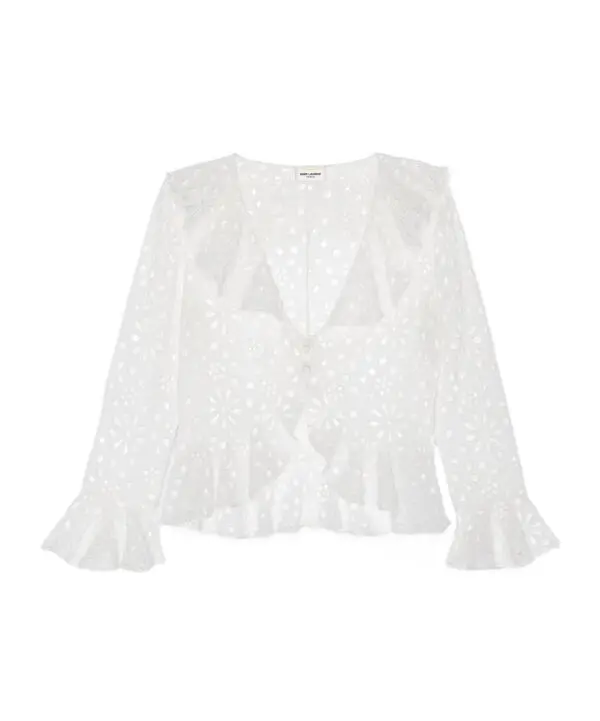 Saint Laurent Embroidered Cut-out Long-sleeved Blouse